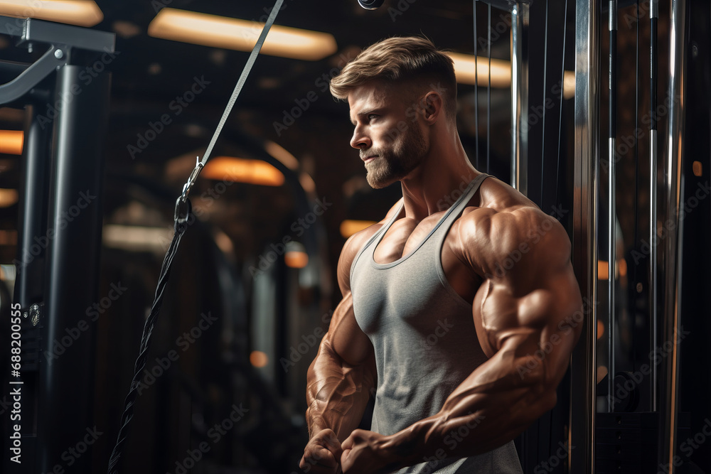 Young athlete training in the gym, side view, copy space. Male ...