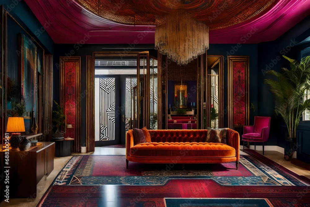 A maximalist foyer with a mix of patterns, textures, and bold color ...