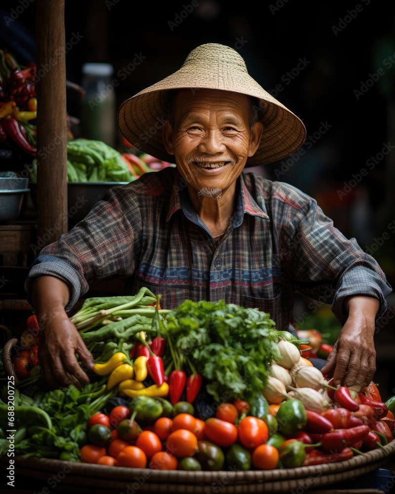 Vibrant Life Unveiled: A spirited street vendor, donned in traditional ...