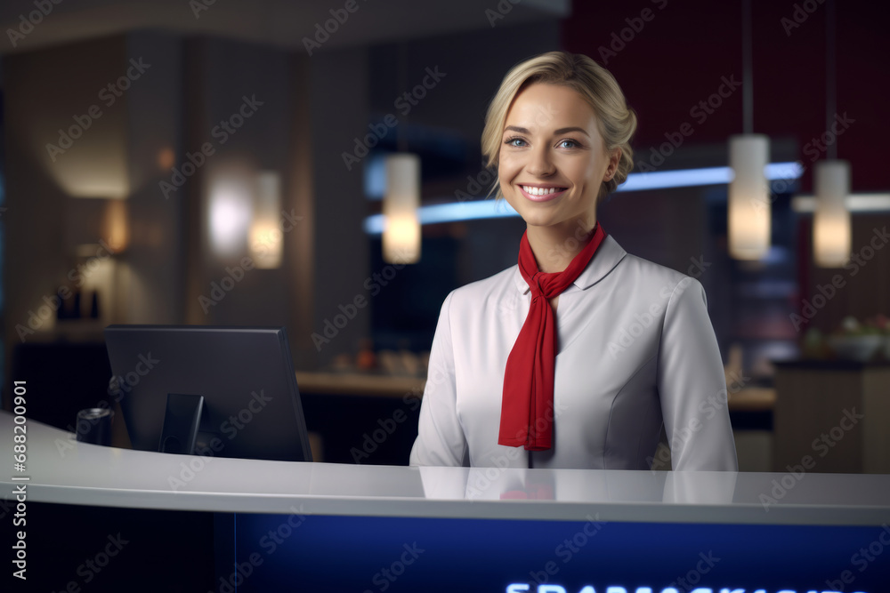 Beautiful young smiling receptionist standing behind the reception desk ...