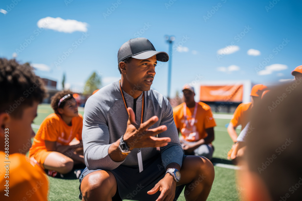Teamwork, training and football with children on the training field ...