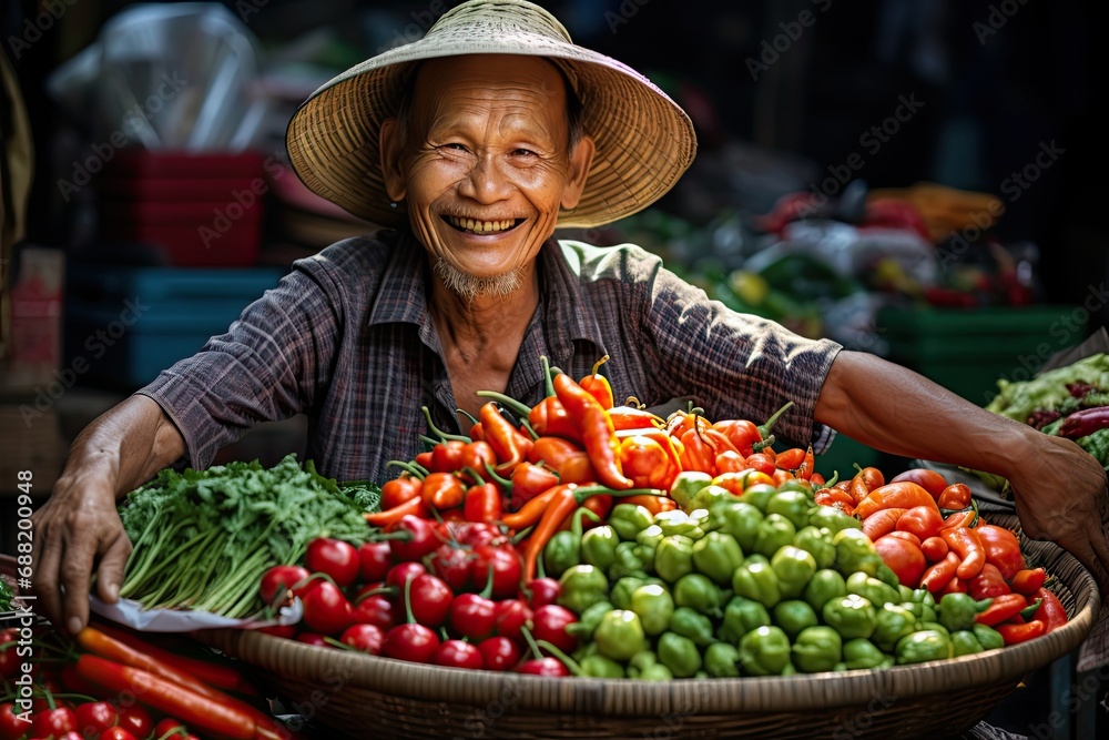 Vibrant Life Unveiled: A spirited street vendor, donned in traditional ...