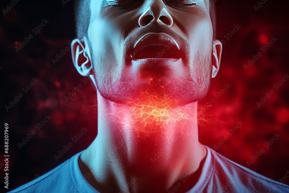 Sore throat 3D visualization of a painful area in the throat. Man sore ...