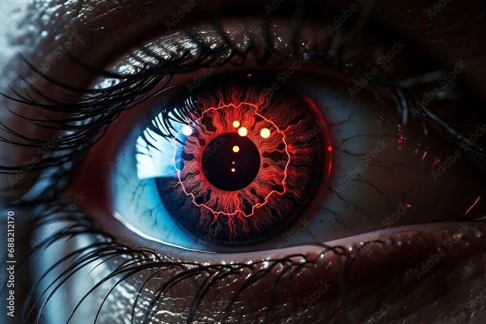 close-up of the right eye with artificial retina. Future biomedical ...