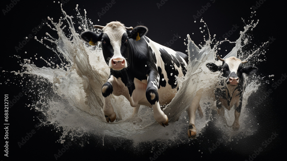 Splashes of milk fly on a milky white poster with the image of cows and ...
