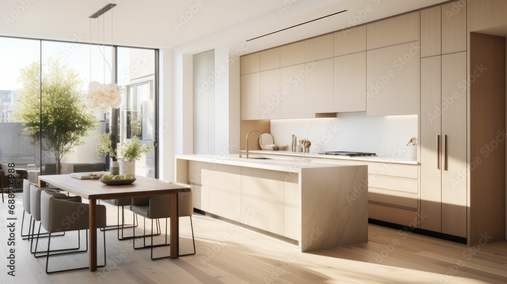 neutral color palette, minimalist cabinetry, natural light, hardwood ...