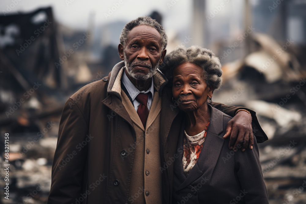 Old senior African couple hug each other looking at ruins of bombed ...