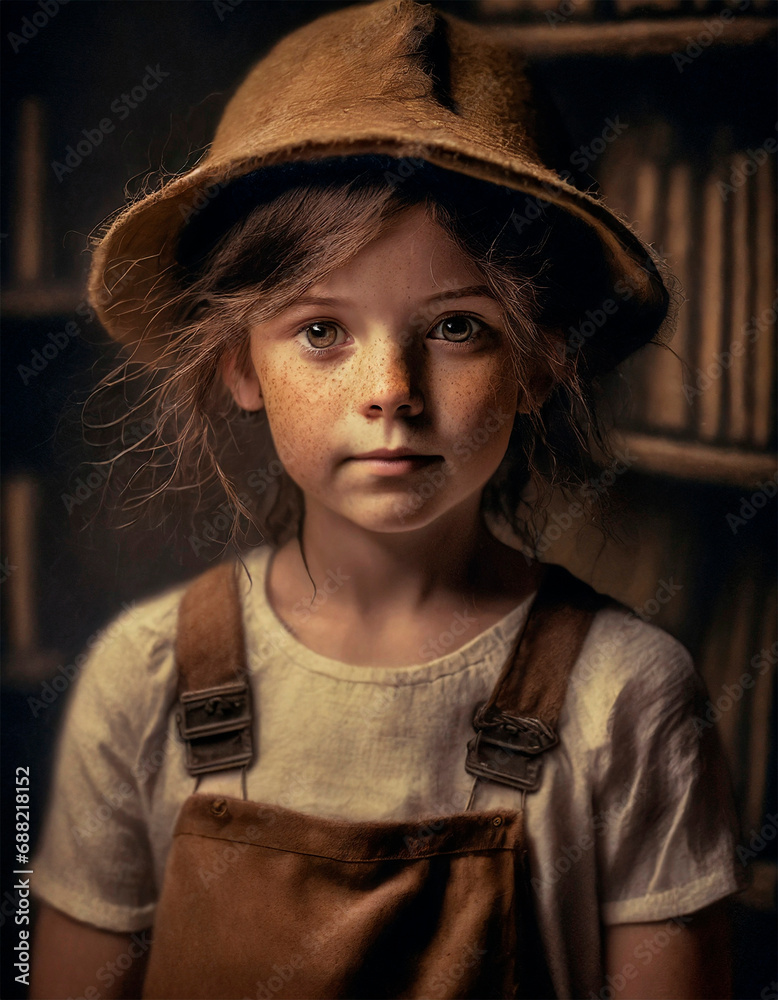 Young boy with blond hair wearing an old and dirty hat, child laborer ...