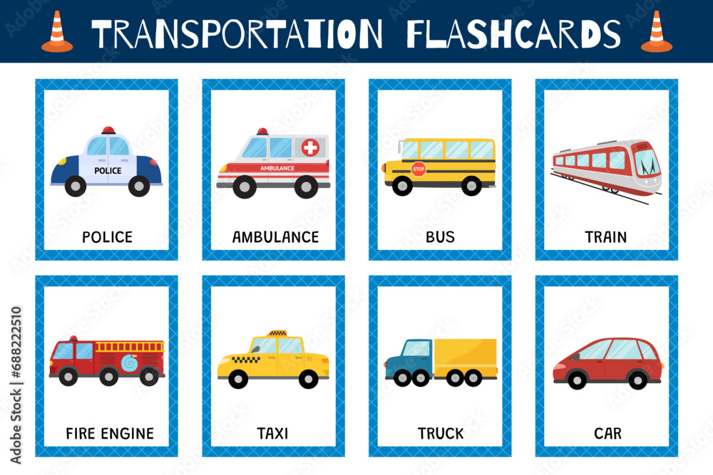 Transportation flashcards collection for kids. Vehicles flash cards set ...