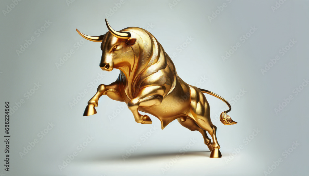 abstract gold bull statue in a dynamic charging pose. Its textured ...