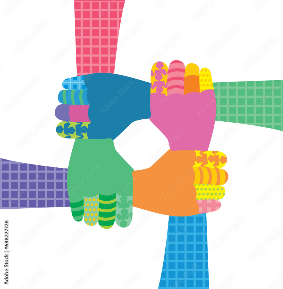 Colorful hands holding eachother tight. Teamwork, cooperation in ...