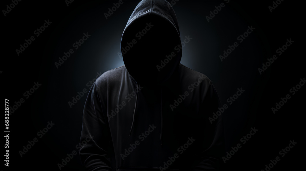 Silhouette of a hooded man with black sweatshirt, unrecognizable face ...