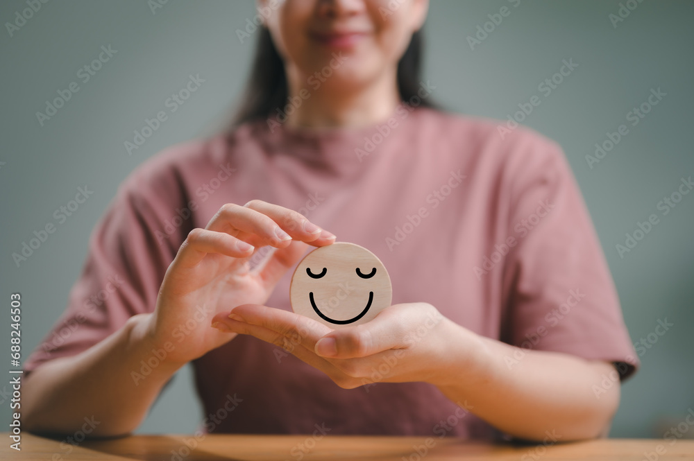 wooden label with happy smile relax face , good feedback rating, think ...