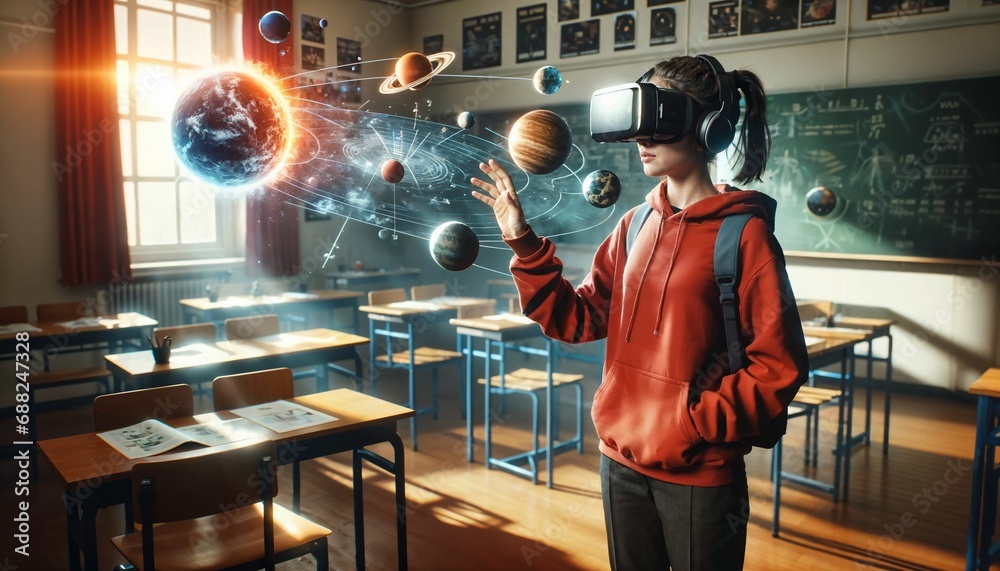 Smart schoolgirl studying astronomy with VR glasses - simulation ...