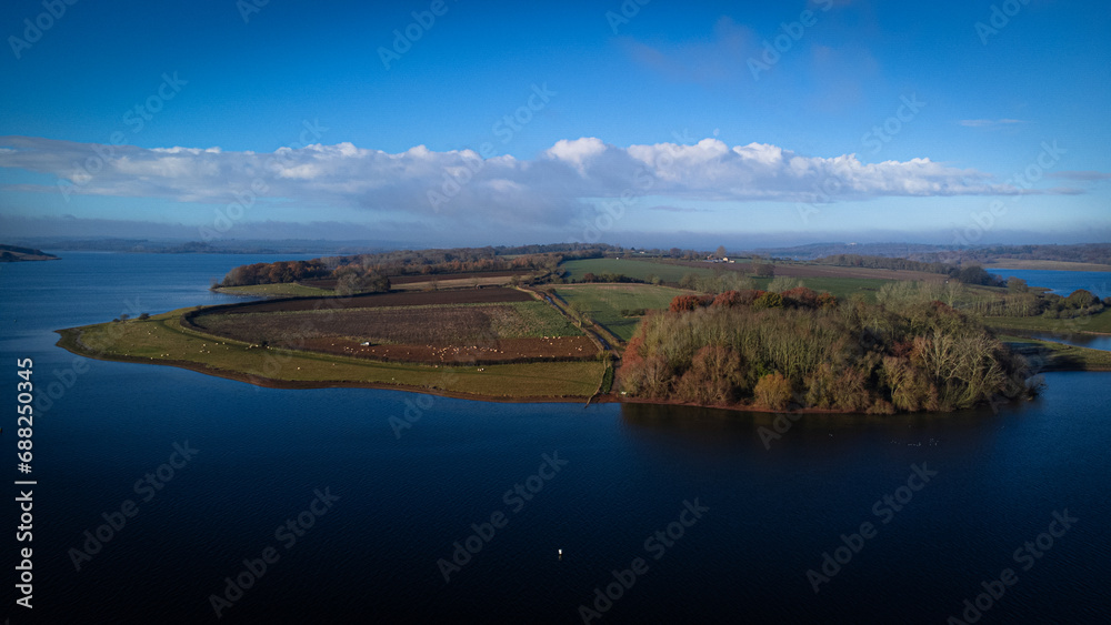 Aerial view of Rutland Water reservoir in Rutland England with Blue ...