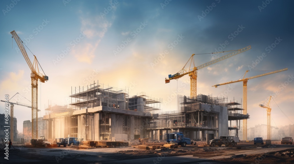 Building under construction, crane and building construction site on ...