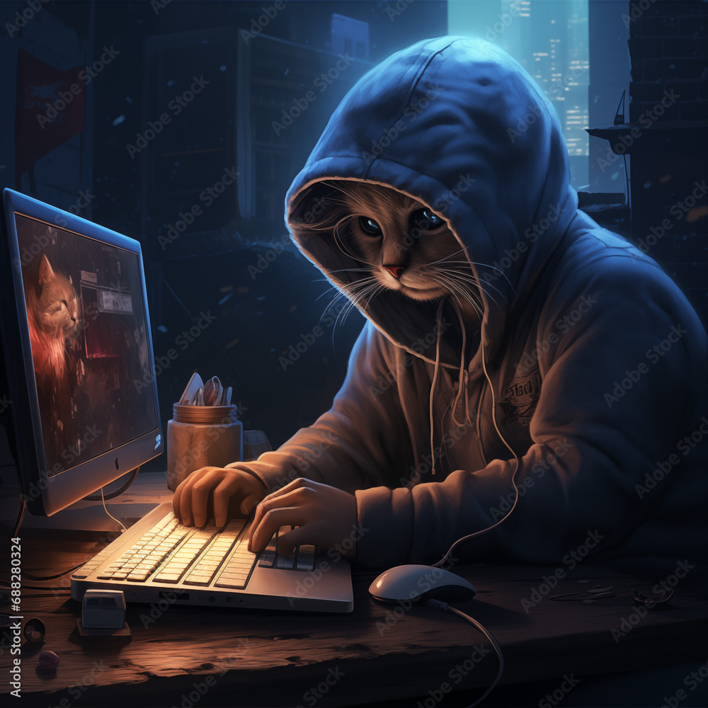 a kitten in the night working on a computer, in the style of fantasy ...