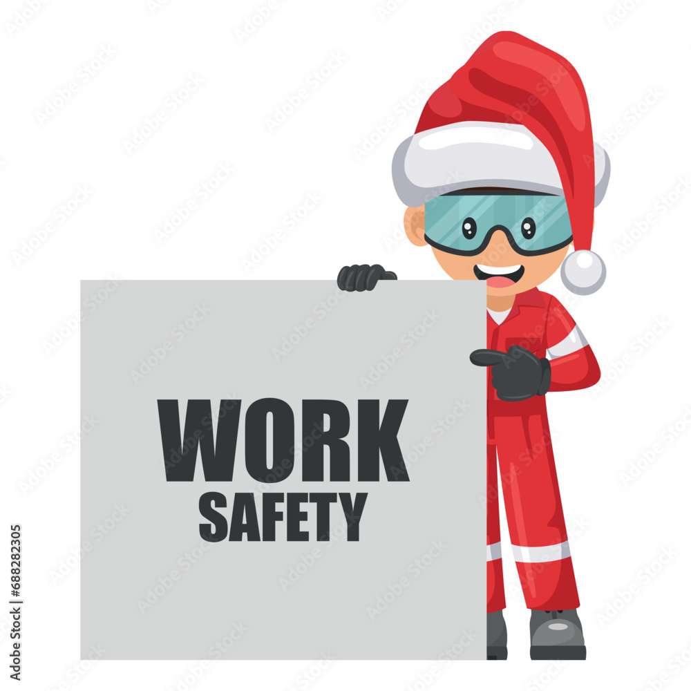 Industrial mechanical worker with Santa Claus hat and work safety ...
