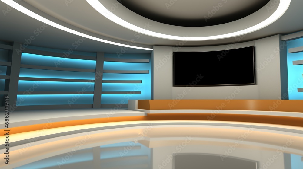 Tv Studio. Blue and yellow studio. Backdrop for TV shows .TV on wall ...