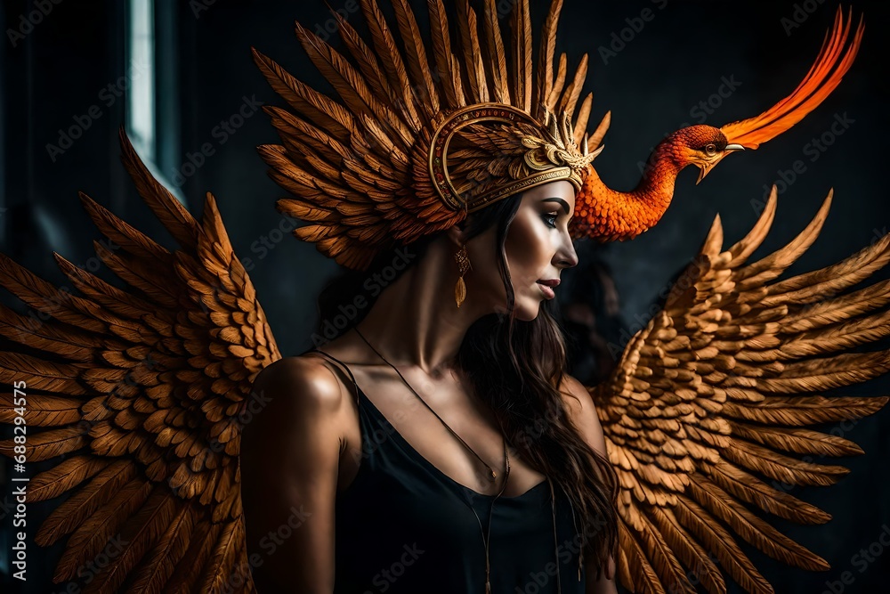Foto de beautifull female wearing a phoenix head on her head, full body ...