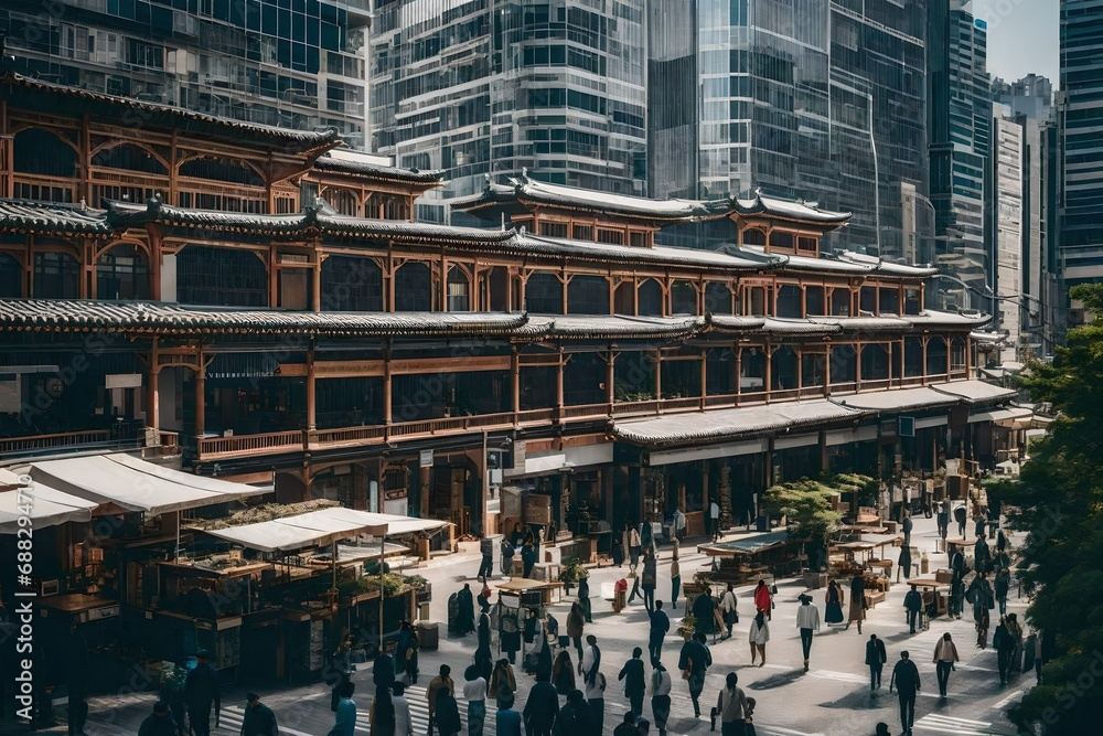 e level photo of a dense and pedestrianized city with modern Neo ...