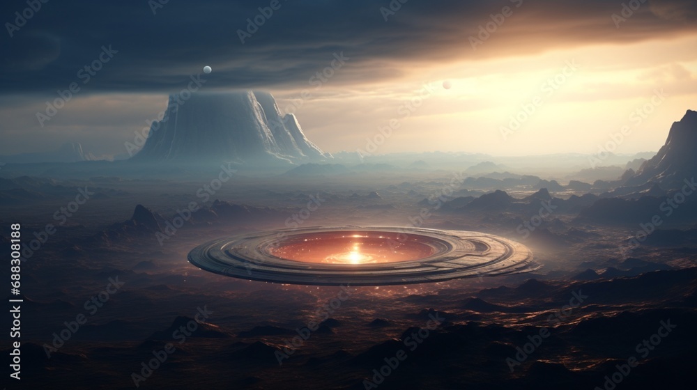 A space probe touching down on a distant planet's surface, capturing ...