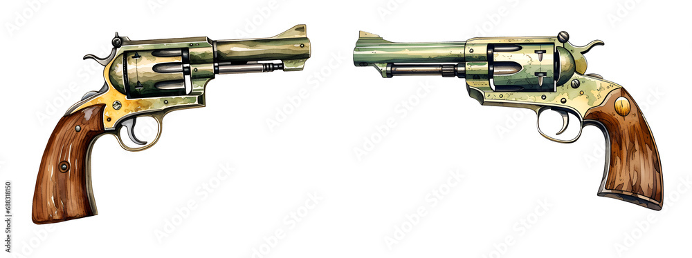 Western cowboy revolver, watercolor clipart illustration with isolated ...