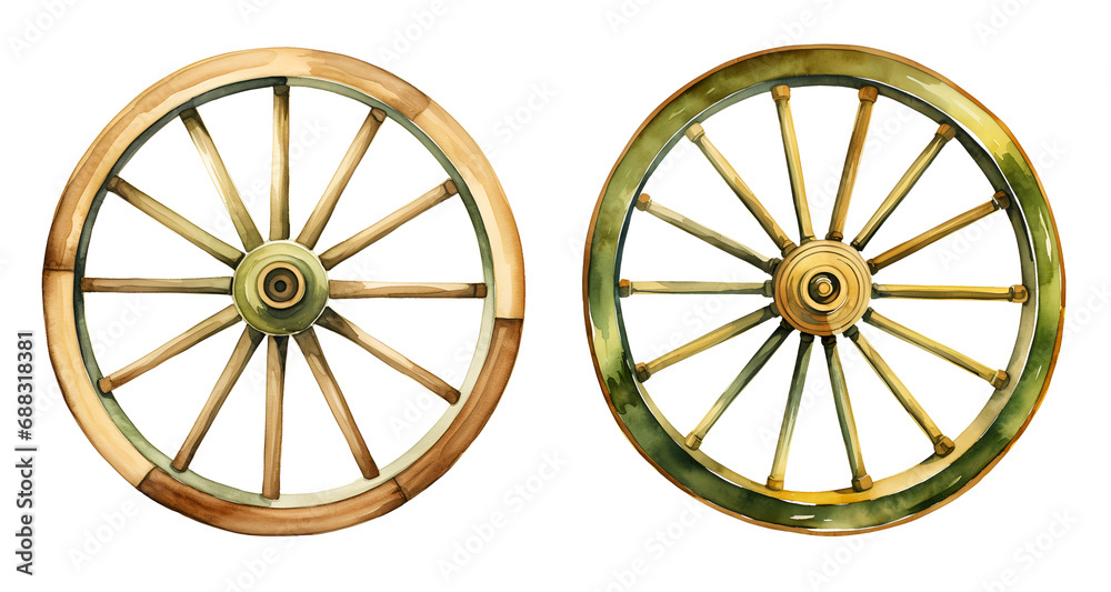 Western cart wheel, watercolor clipart illustration with isolated ...