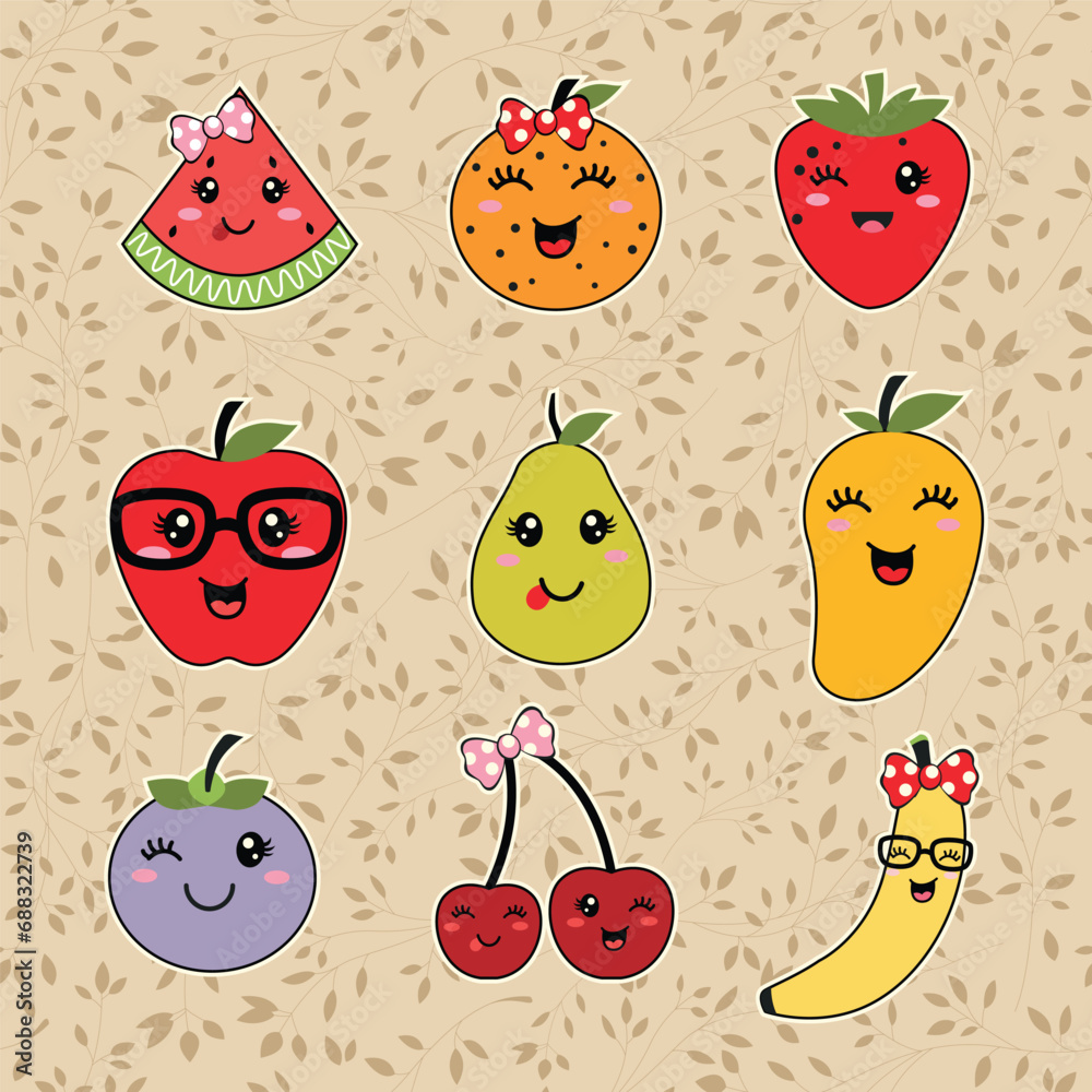 Cute Fruit, Happy cute set of smiling fruit faces. Vector set of flat ...