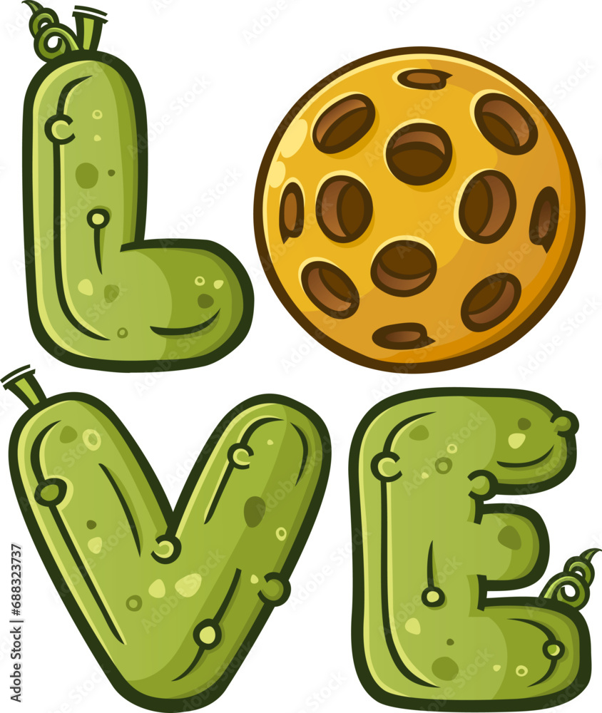 Pickleball Love wording written in a pickle font with vines and stems ...