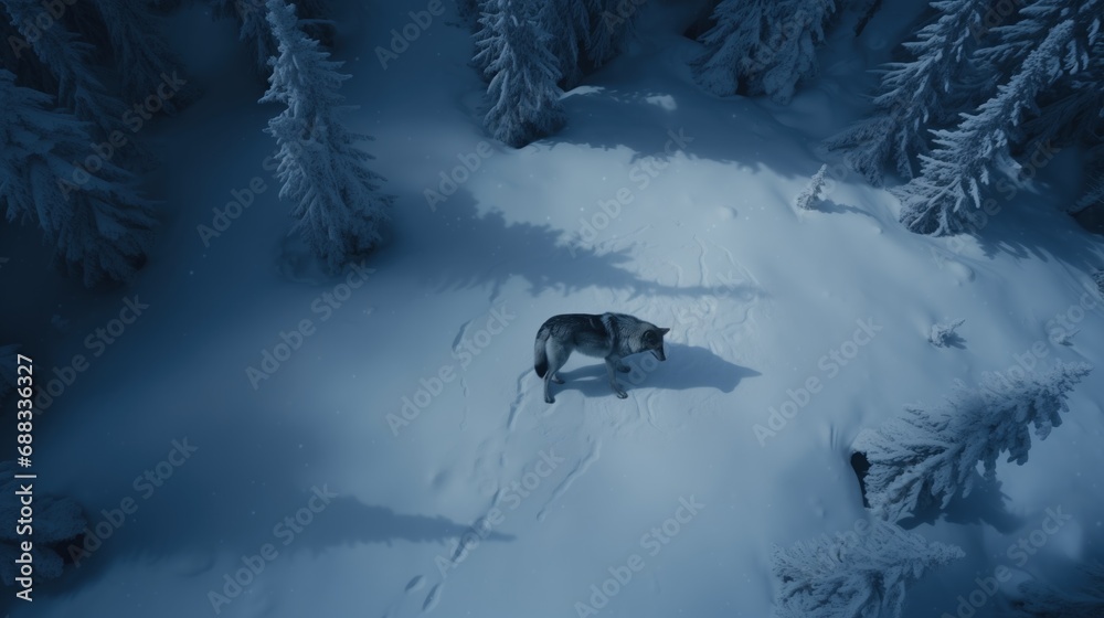 A solitary wolf traverses a snowy forest landscape, leaving a trail of ...