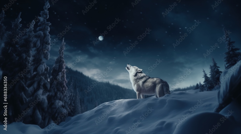 a wolf stands silhouetted against a snowy forest backdrop, howling at ...