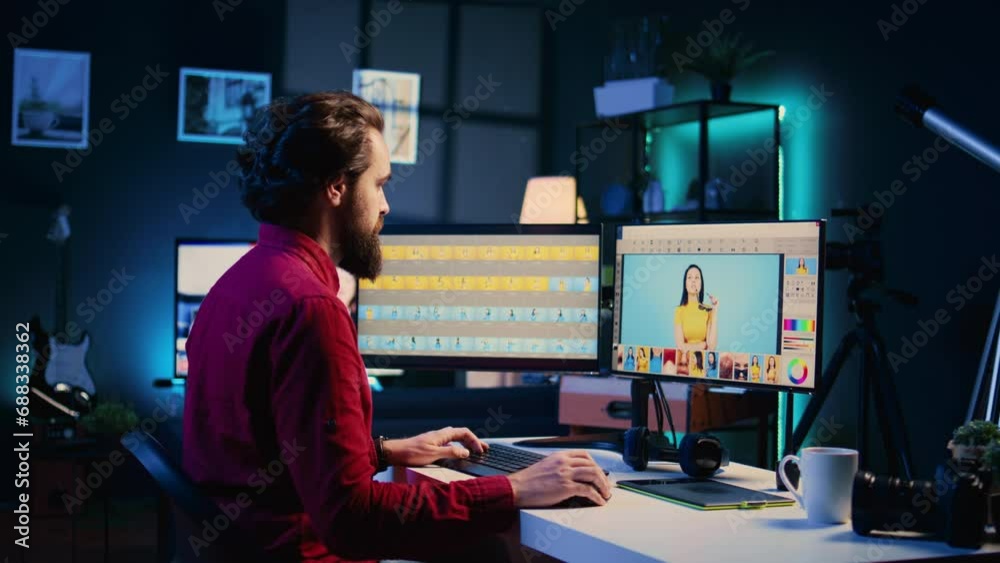 Portrait of smiling photographer creating digital portfolio to showcase ...