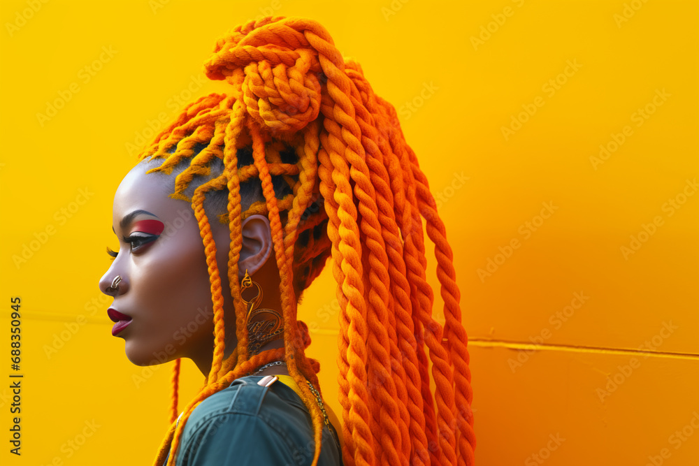 profile portrait of black woman with long orange braids, cornrows ...