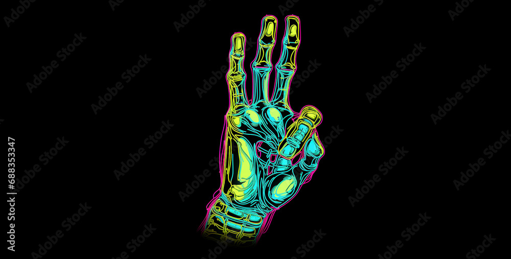 neon skeleton hand middle finger up graphic style, 3d rendered ...