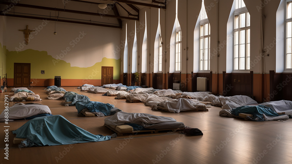 interior of a bedroom, sleeping places in a refugee camp mass ...