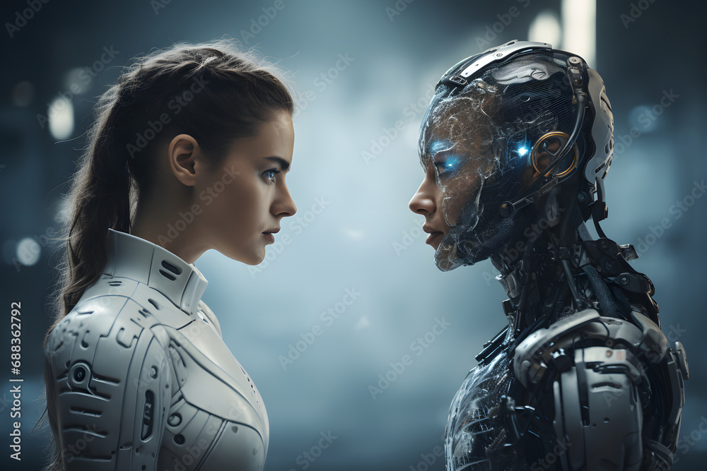 woman vs robot, woman and robot face to face, The concept of ...