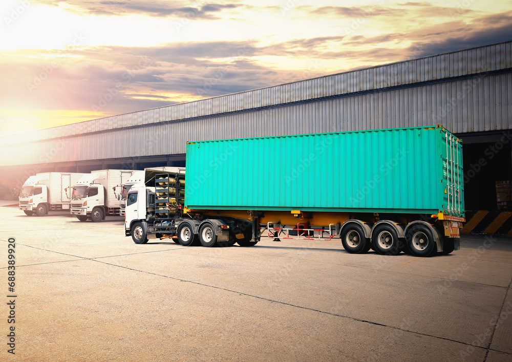 Semi Trailer Trucks on The Parking Lot at Warehouse. Trucks Loading at ...
