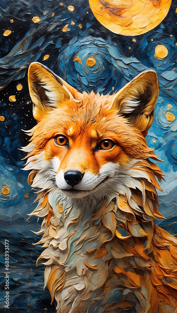 Fox portrait in Starry Night, Van Gogh style,a cat with cosmic colors ...