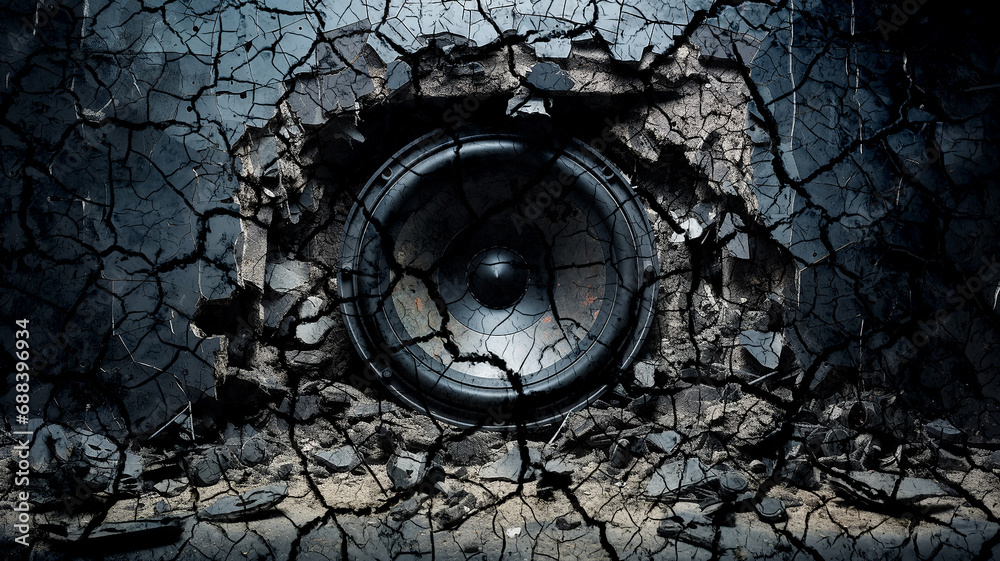 loud background music, cracks on the destroyed speaker from the ...