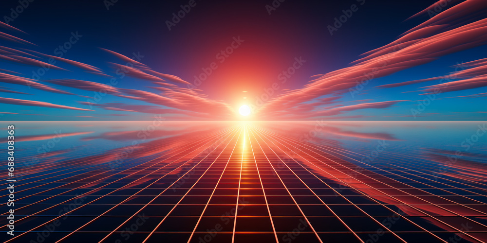 Retro 3d computer graphics landscape scene with grid floor, horizon ...