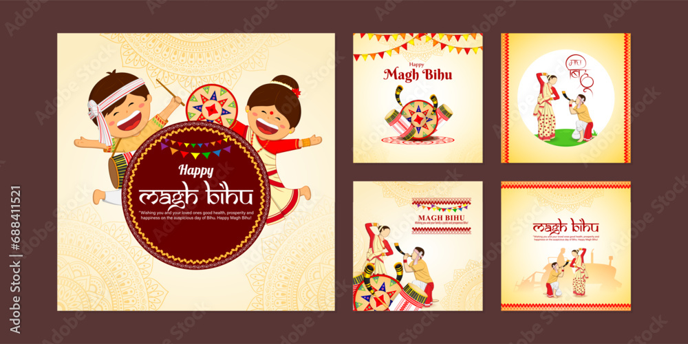 Vector illustration of Happy Magh Bihu social media feed set template ...