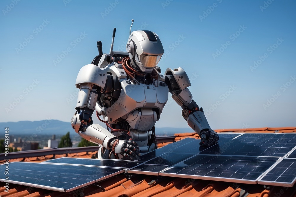 A robot is installing solar panels on a house's roof, a labor concept ...