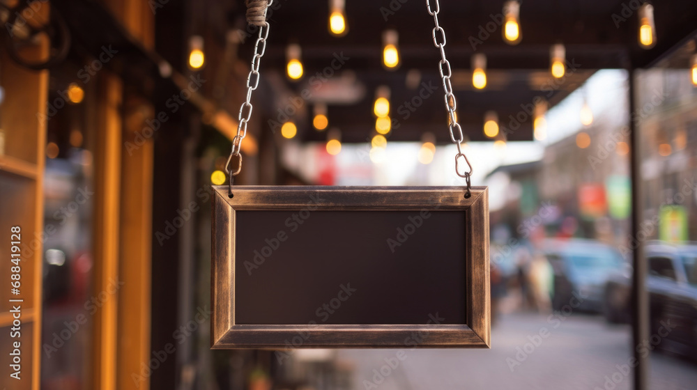 Empty black signboard hanging on a chain in front of a cafe Stock Photo ...