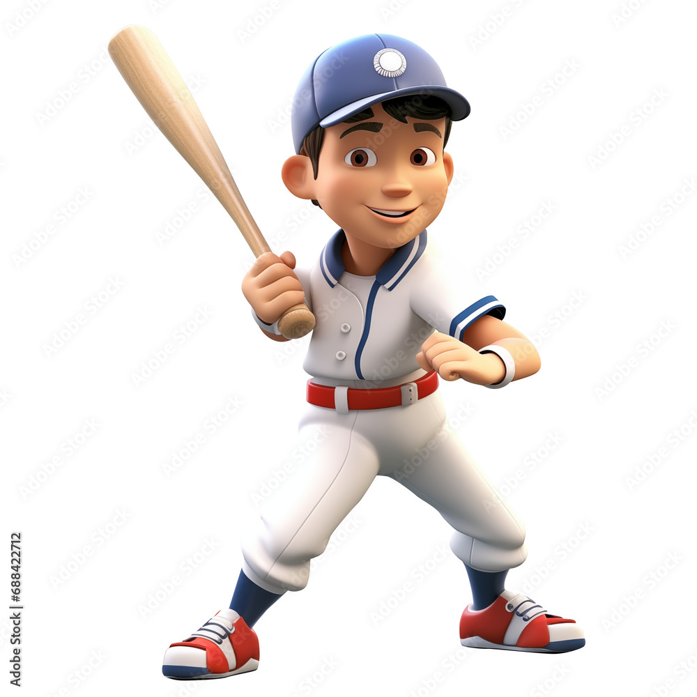 3D cartoon character young man baseball player with bat in action sport ...