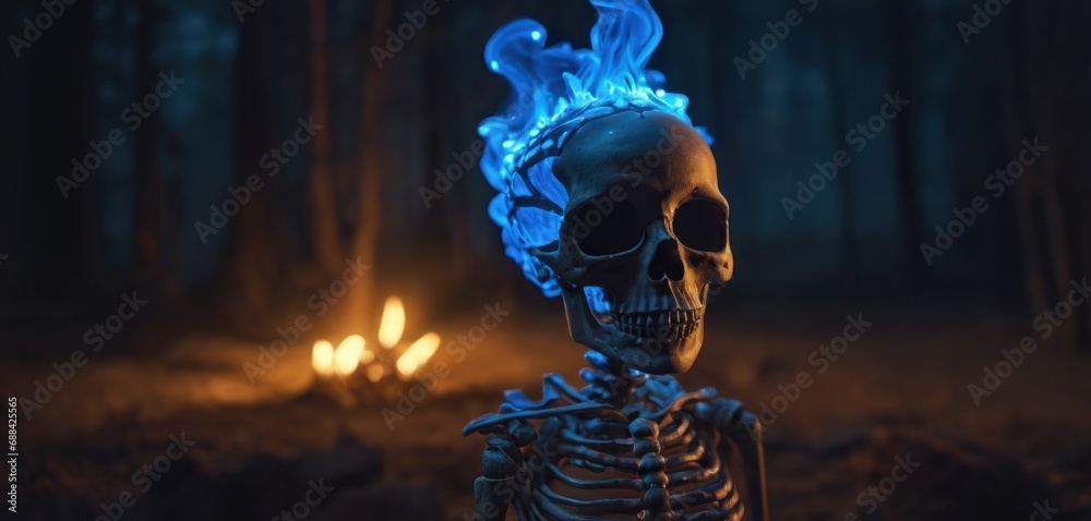 a skeleton in a dark forest with a blue flame coming out of it's head ...