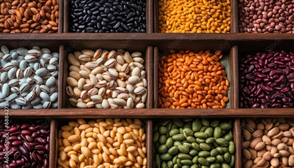 a wooden box filled with lots of different types of beans next to ...