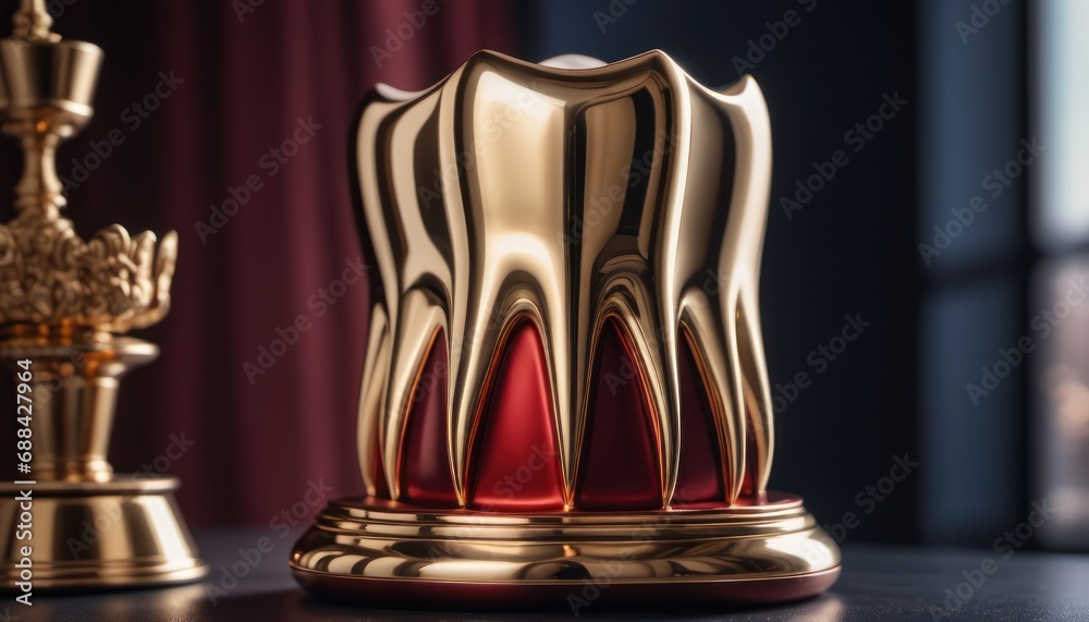 a gold tooth shaped trophy sitting on top of a table next to a gold ...