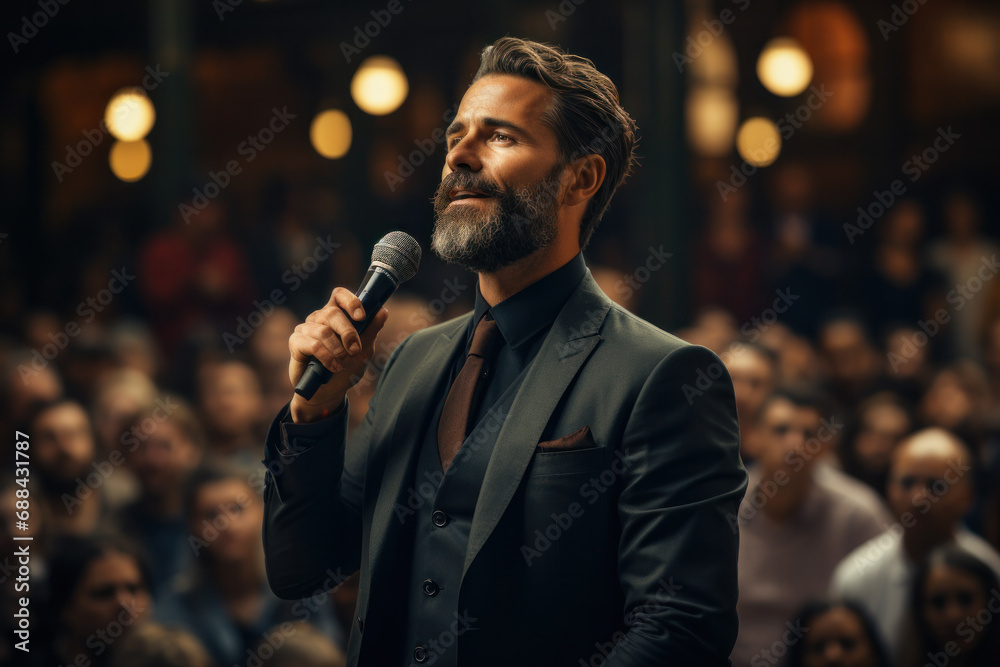 Stand up comedian on stage. Young man talks joke into microphone or ...