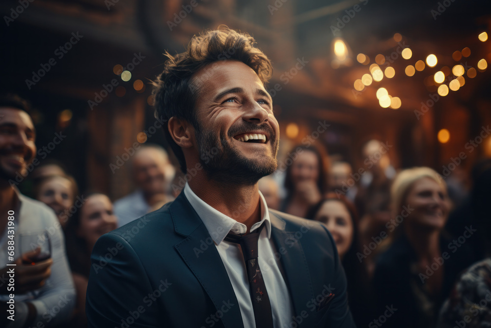 Stand up comedian on stage. Young man talks joke into microphone or ...